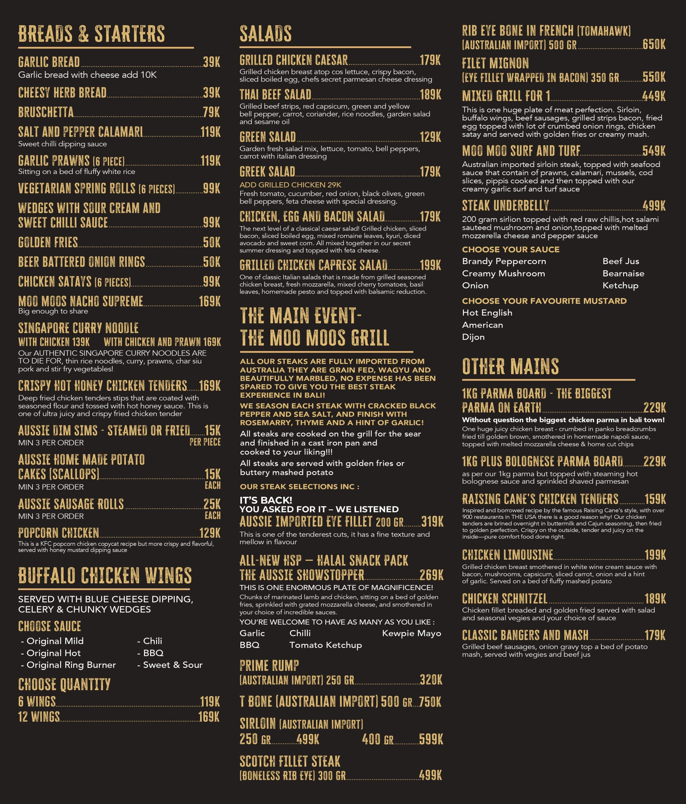 Food Menu - Moo Moo's Bali Steakhouse Bar & Grill